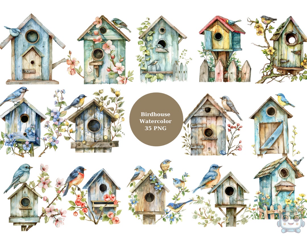 35 Watercolor Birdhouse Clipart, PNG Individual Images on Transparent ...