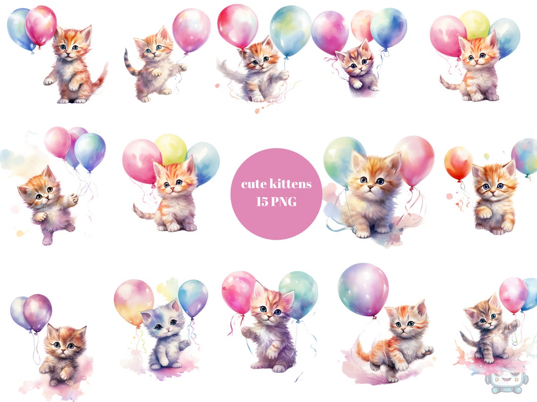 Cute Kittens With Balloon Watercolor Clipart, Baby Animals, PNG Digital ...