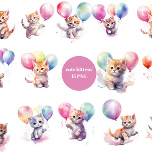 Cute Kittens With Balloon Watercolor Clipart, Baby Animals, PNG Digital ...