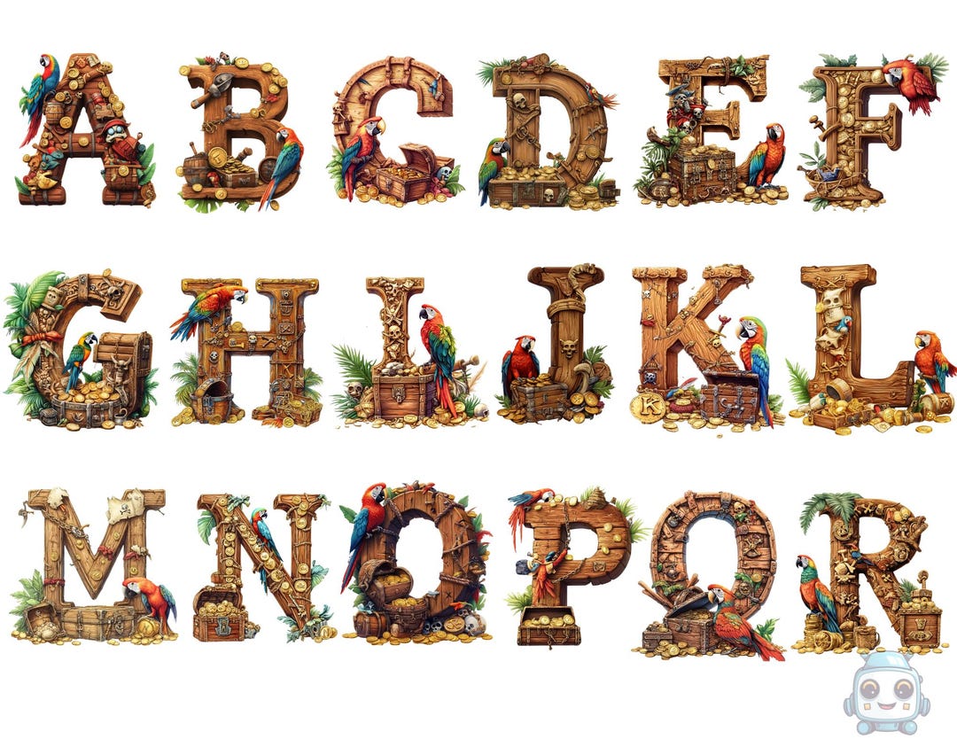 Pirate Treasure Alphabet Clipart - Parrot & Gold Letters PNG Individual ...