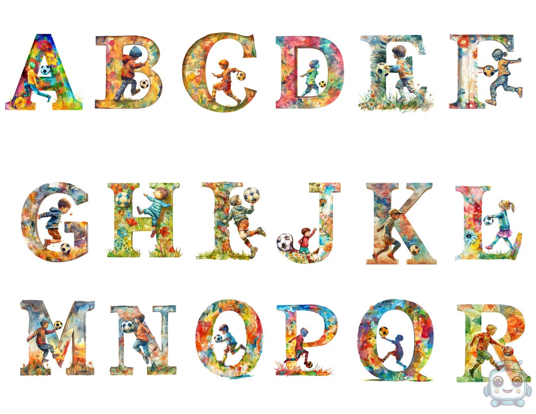 Watercolor Soccer Kids Alphabet Clipart, PNG Individual Images on ...