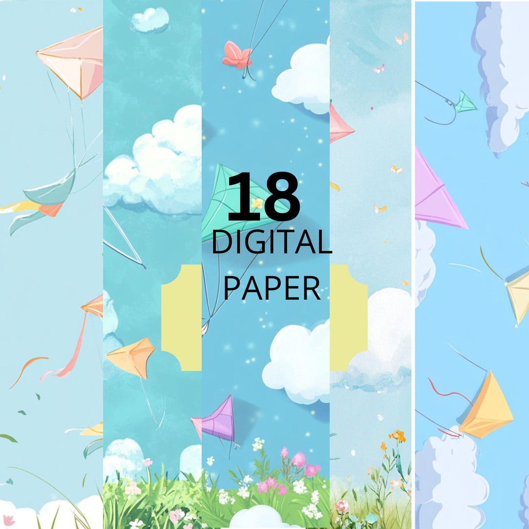 Kite Digital Paper – Blue Sky Backgrounds With Clouds & Flying Kites ...