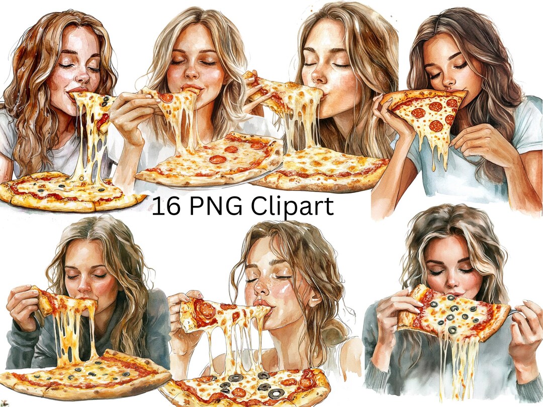 16 Women Eating Pizza Watercolor Clipart, PNG Individual Images on ...