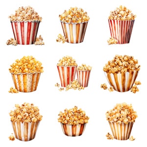 Watercolor Popcorn Clipart, PNG Individual Images on Transparent ...
