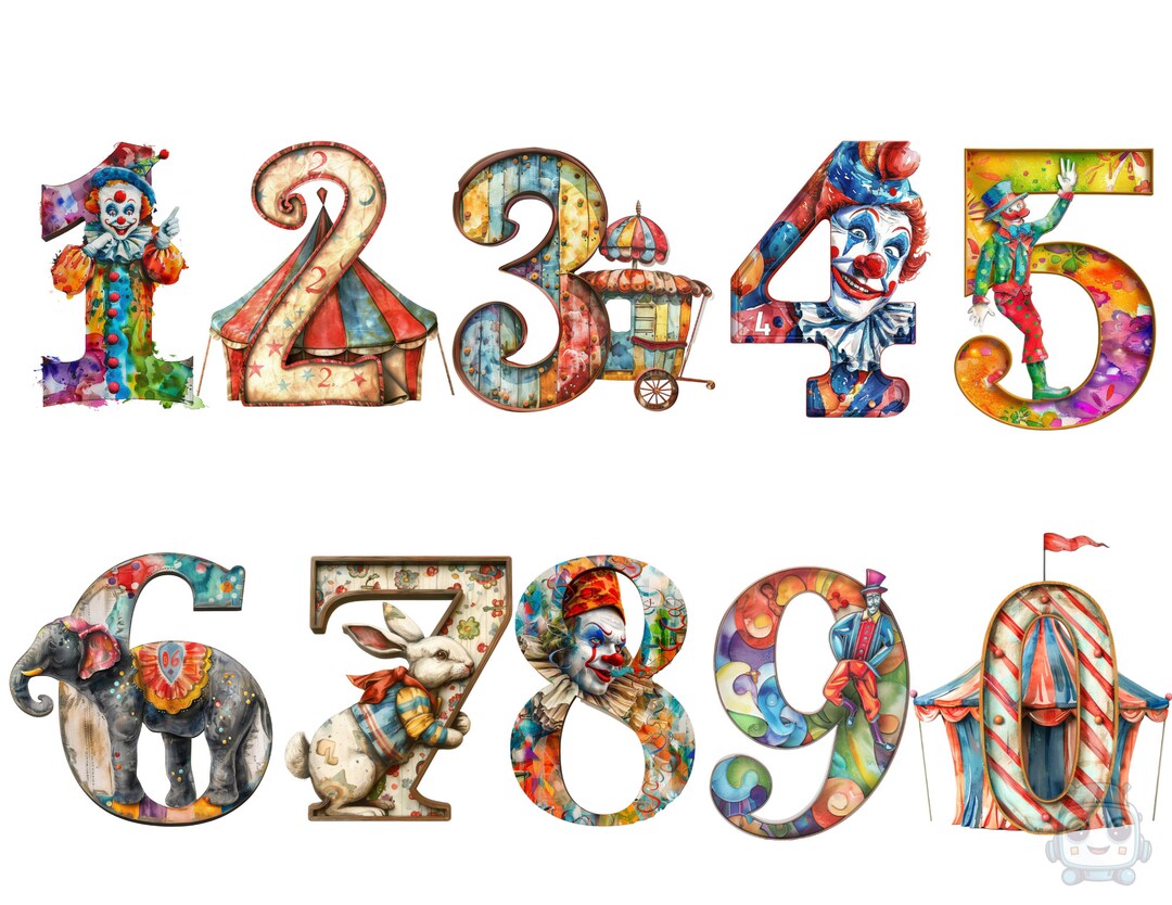 Watercolor Circus Numbers Clipart, PNG Individual Images on Transparent ...
