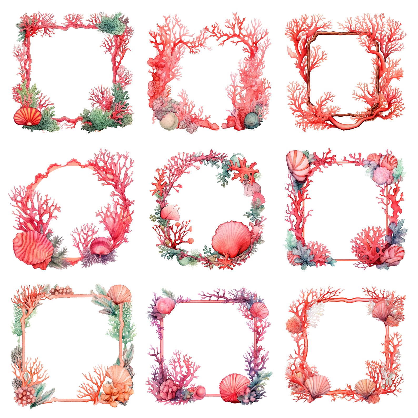 Watercolor Coral Frames Clipart, Logo Clipart, PNG Digital Files on ...