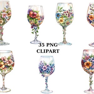 35 Floral Wine Glasses Watercolor Clipart, Floral Clipart, PNG ...