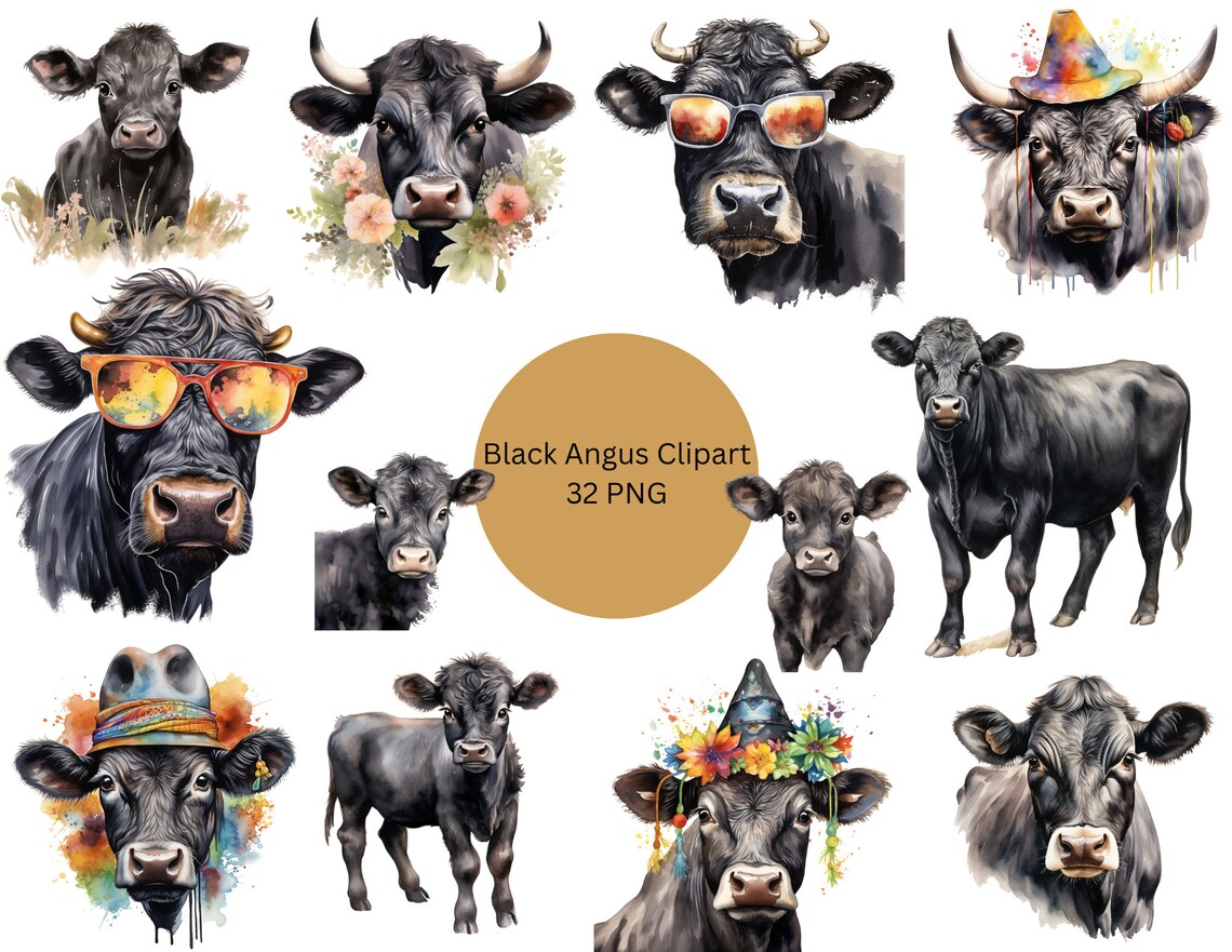Watercolor Black Angus Clipart, PNG Digital Files on a Transparent ...