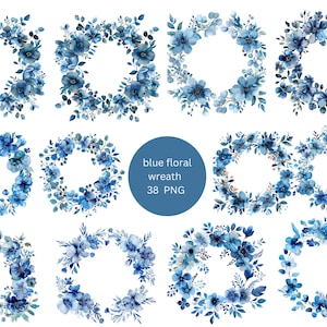 38 Blue Floral Wreaths Watercolor Clipart, Floral Clipart, PNG Digital ...