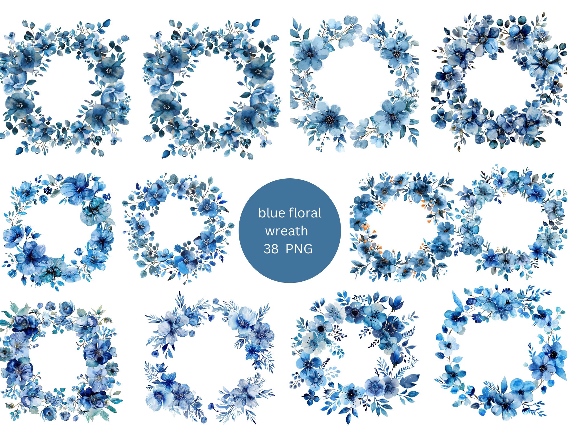 38 Blue Floral Wreaths Watercolor Clipart, Floral Clipart, PNG Digital ...