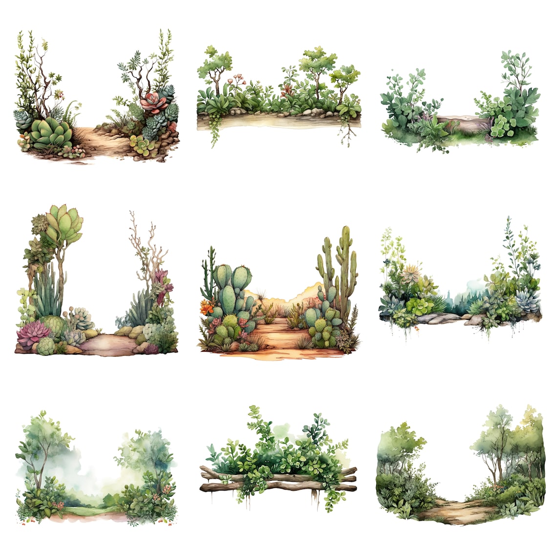 Watercolor Bush Borders Clipart, PNG Digital Files on Transparent ...