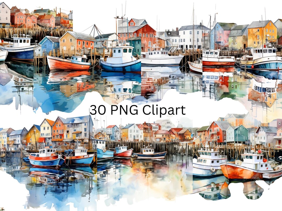30 Harbors Watercolor Clipart, PNG Individual Images on Transparent ...