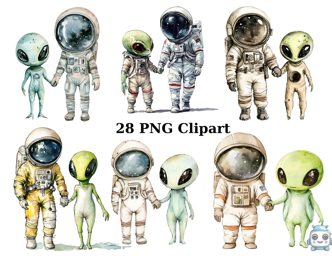 28 Astronauts With Aliens Watercolor Clipart, Space Clipart, PNG ...