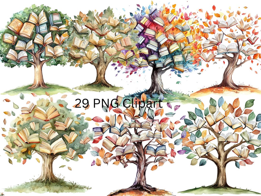 29 Book Tree Watercolor Clipart, PNG Individual Images on Transparent ...