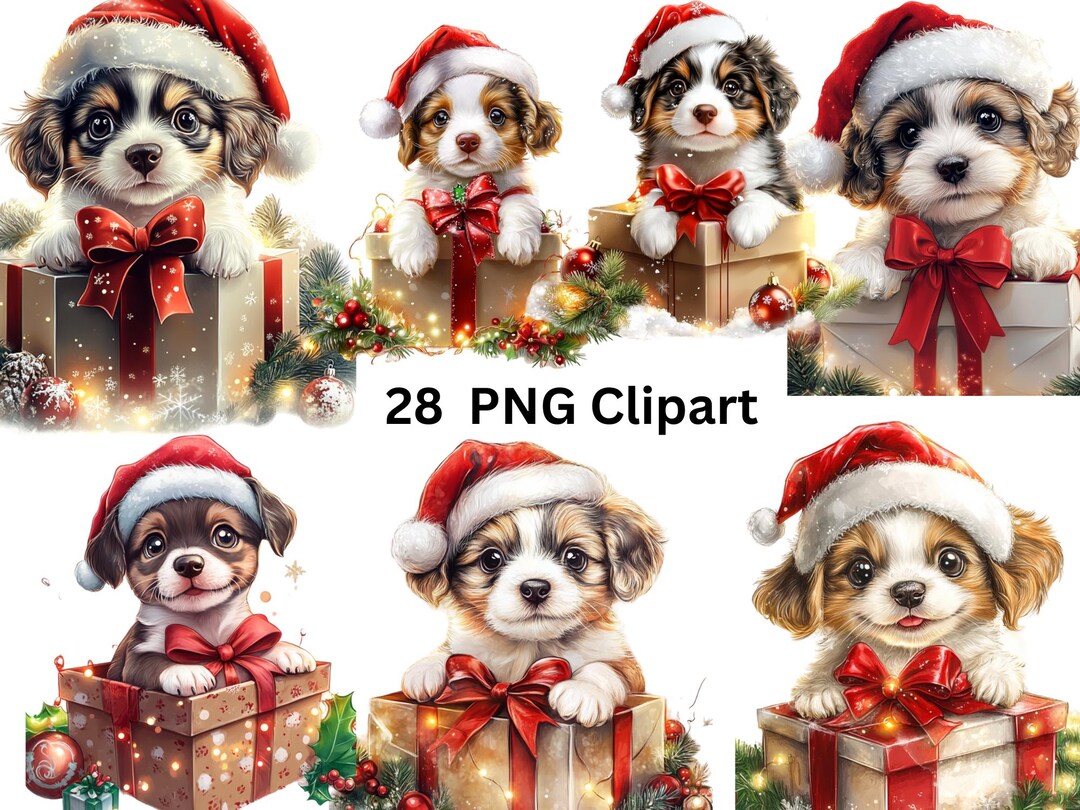 28 Santa Puppies Watercolor Clipart, Christmas Clipart, PNG Individual ...
