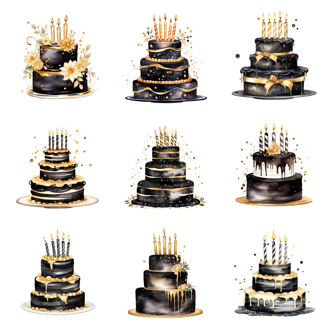 37 Black and Gold Birthday Cakes Watercolor Clipart, Party Clipart, PNG ...