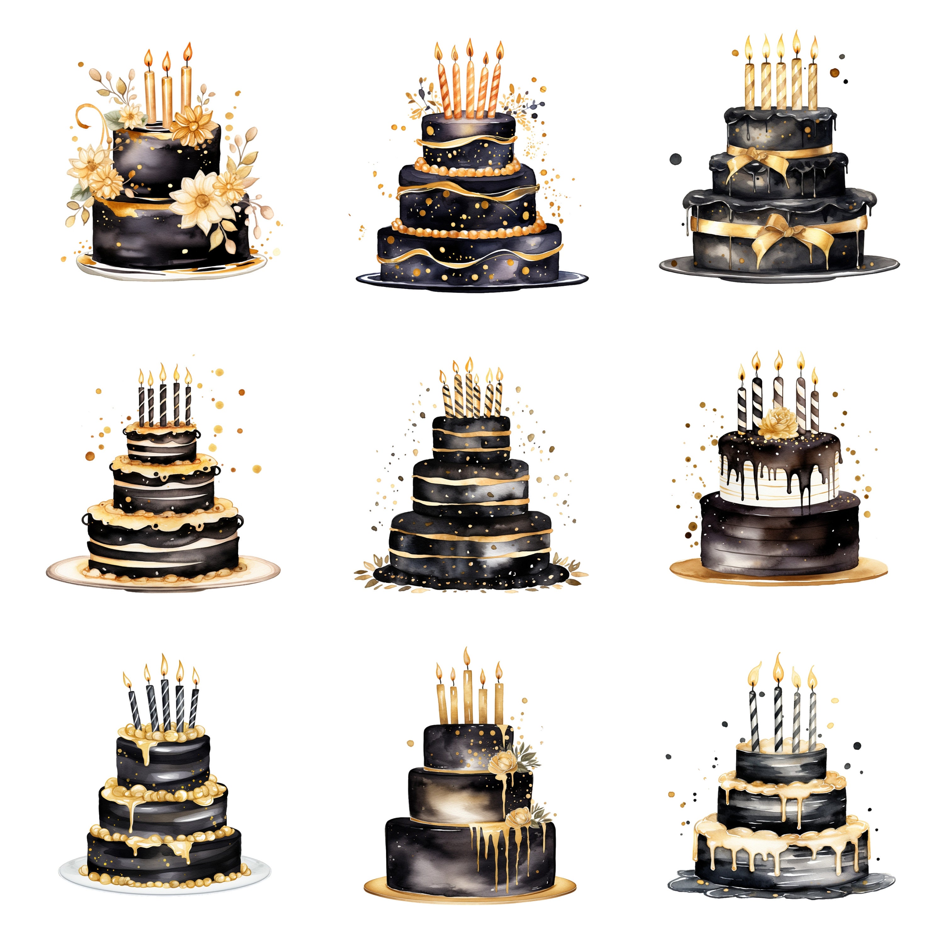37 Black and Gold Birthday Cakes Watercolor Clipart, Party Clipart, PNG ...