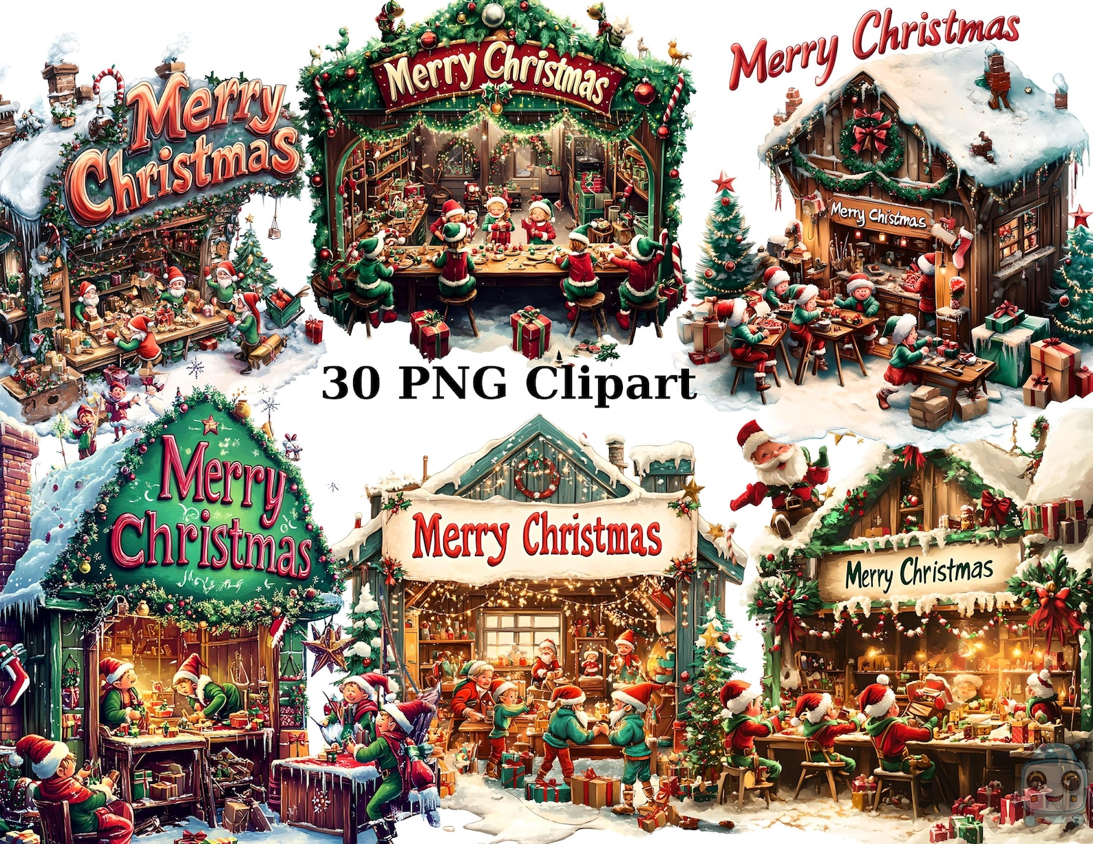30 Santa's Workshop With Merry Christmas Sign Clipart, Christmas ...