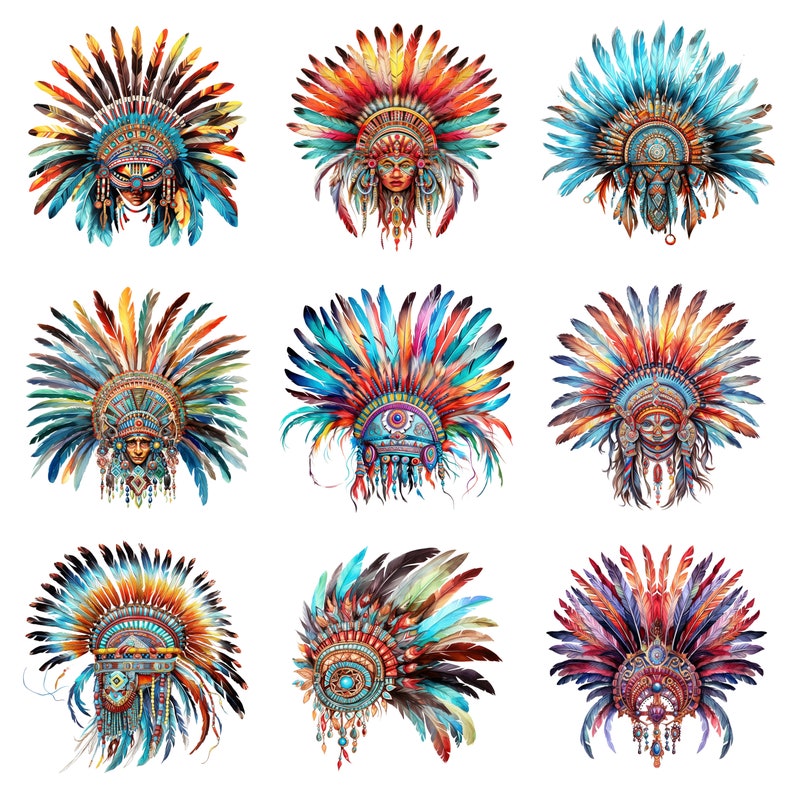 30 Aztec Headdress Watercolor Clipart, Aztec Clipart, PNG Individual ...
