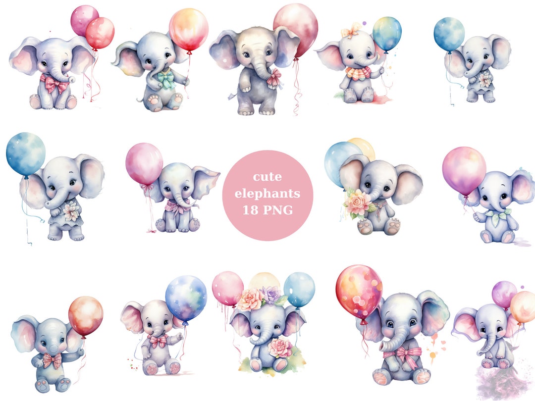 Baby Elephants With Balloon Watercolor Clipart, Cute Elephants, PNG ...
