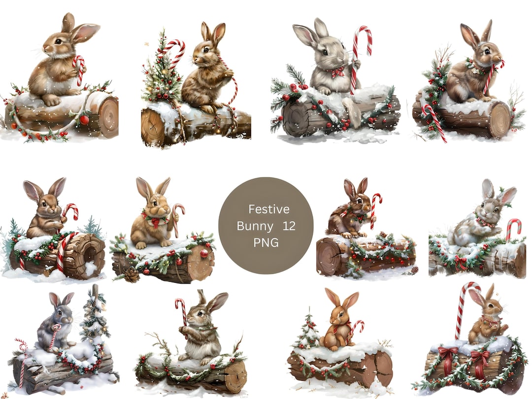 12 Bunnies With Candy Cane Clipart, Christmas Clipart, PNG Individual ...