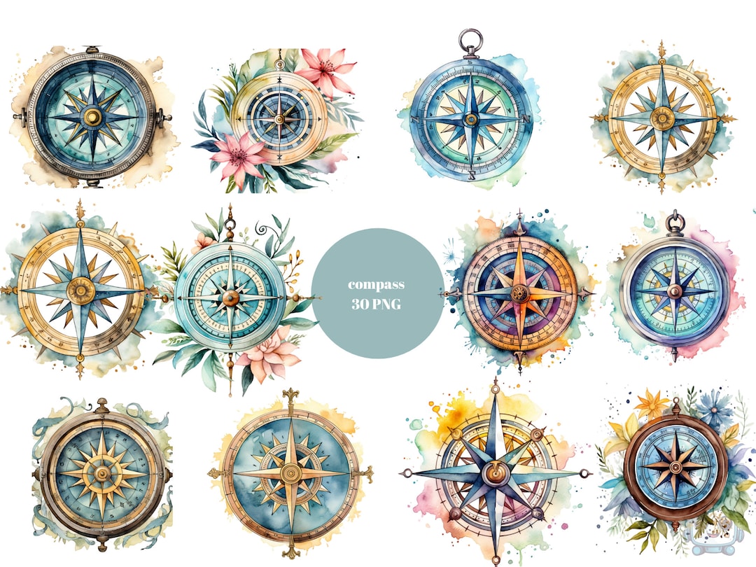 30 Compasses Watercolor Clipart, Navigation Clipart, PNG Individual ...
