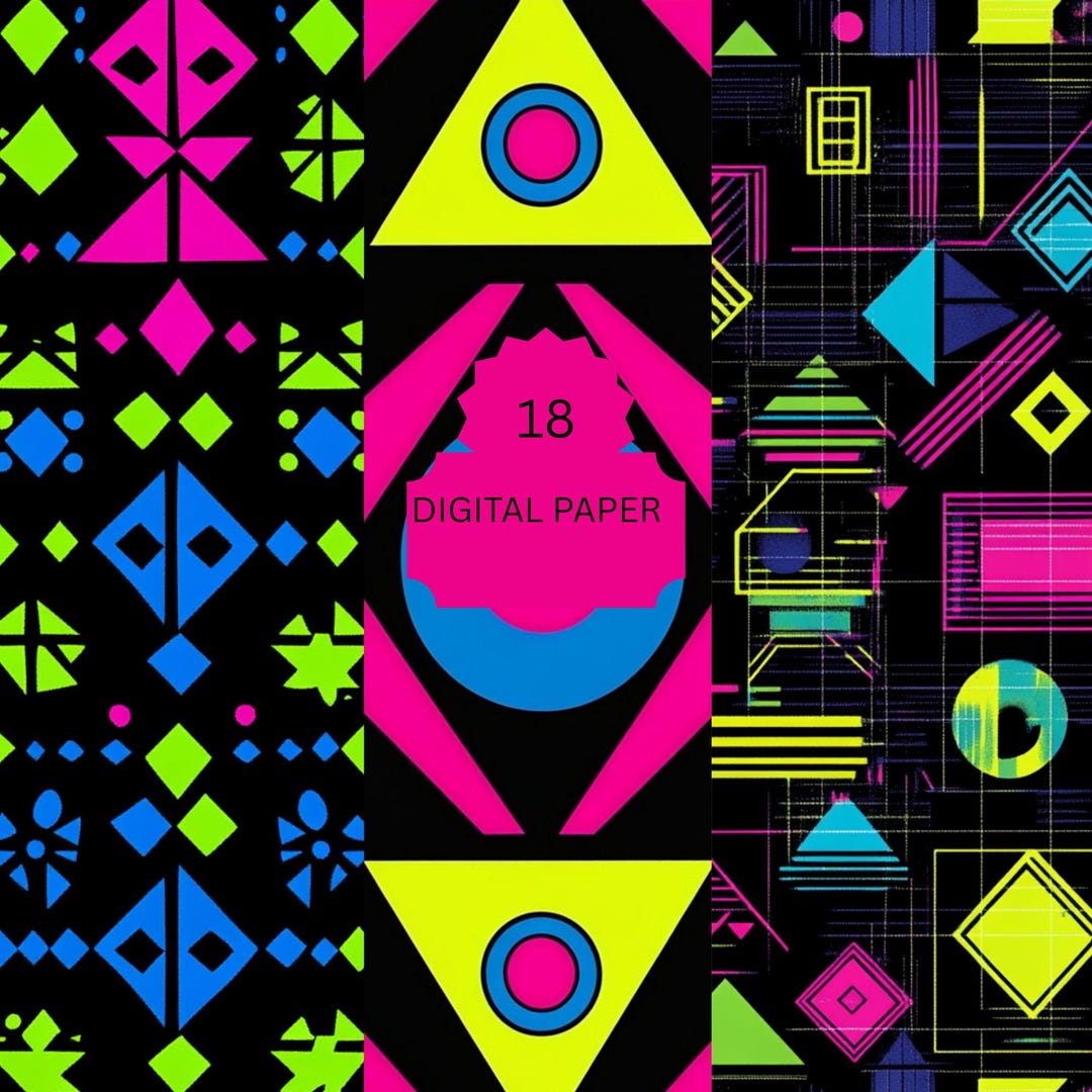 Neon Geometric Digital Paper Pack - 80s Retro Futuristic Backgrounds ...