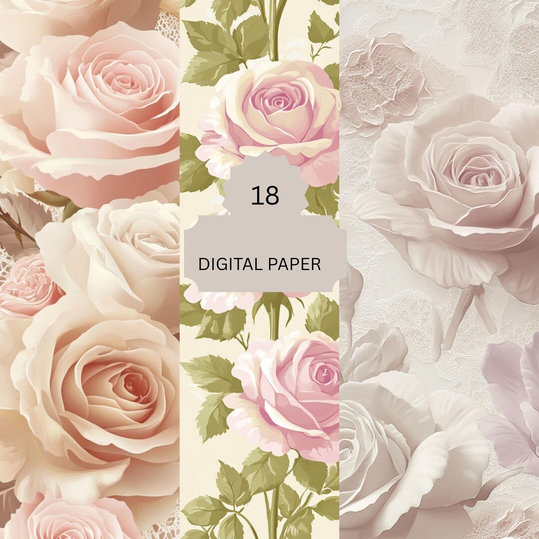 Vintage Rose Digital Paper - Romantic Pink Cream Floral Backgrounds ...