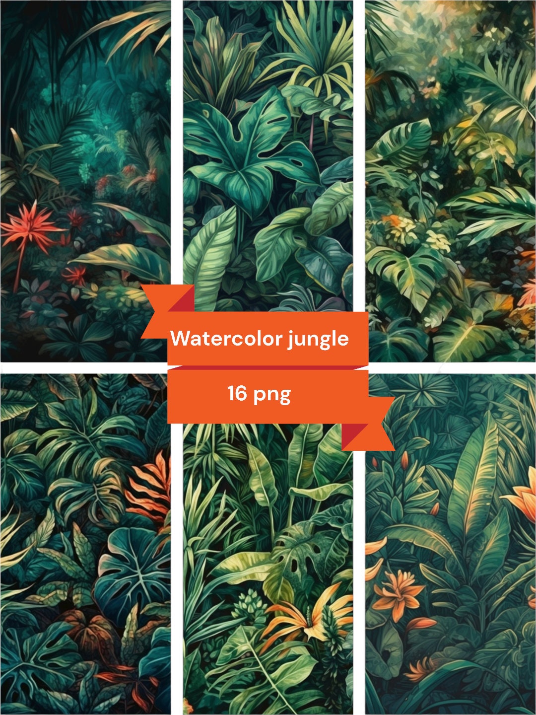 Watercolor Jungle Clipart, PNG Digital Files on Transparent Background ...