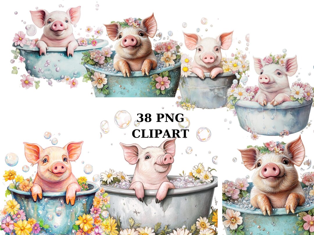 Cute Piglet Bath Clipart, Adorable Watercolor Pigs in Floral Bathtubs ...