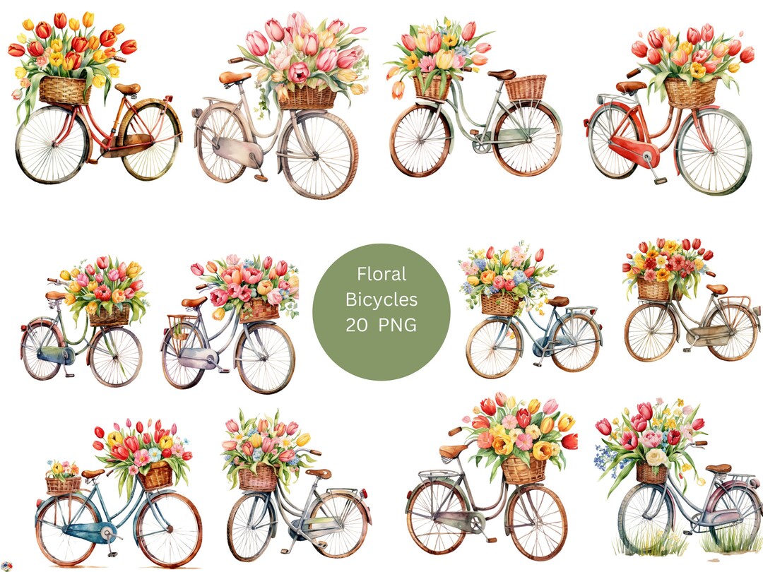 20 Floral Bicycles Watercolor Clipart, Floral Clipart, PNG Individual ...