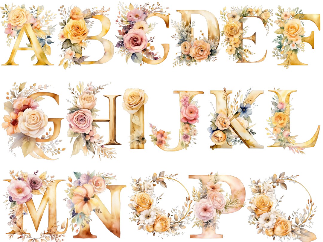 Floral Gold Alphabet Watercolor , Transparent Background, High Quality ...