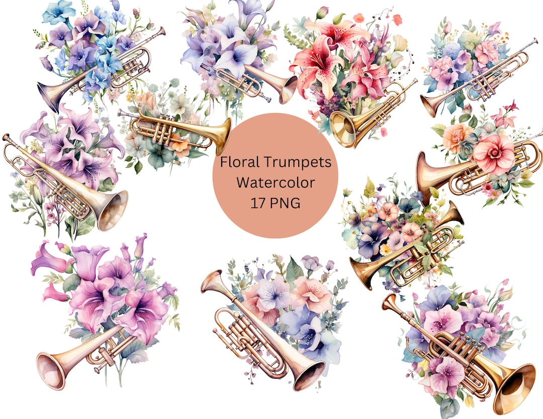 Watercolor Floral Trumpets Clipart, PNG Digital Files on Transparent ...