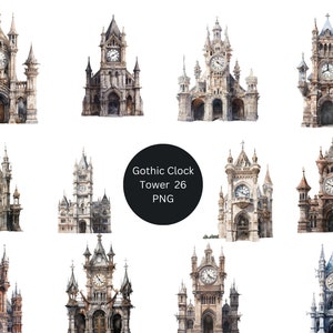 26 Gothic Clock Towers Watercolor Clipart, Gothic Clipart, PNG ...