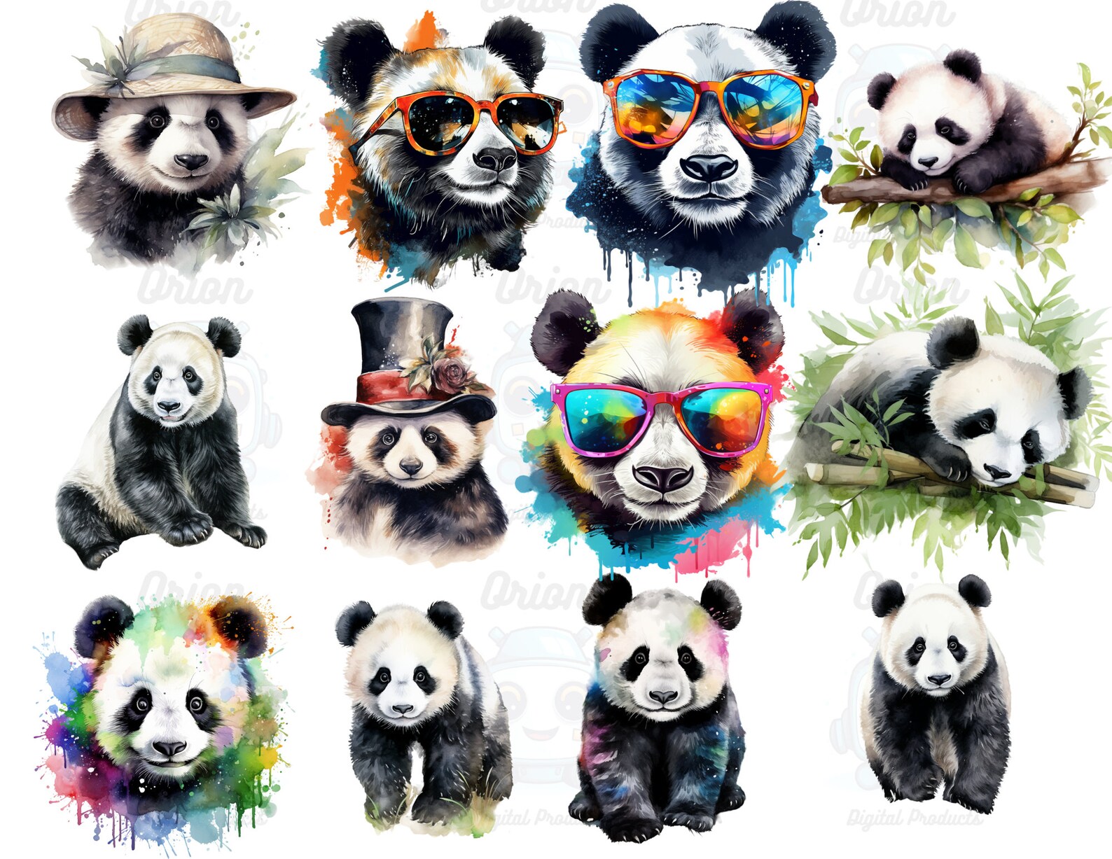 Watercolor Panda Bears Clipart, PNG Digital Files on a Transparent ...