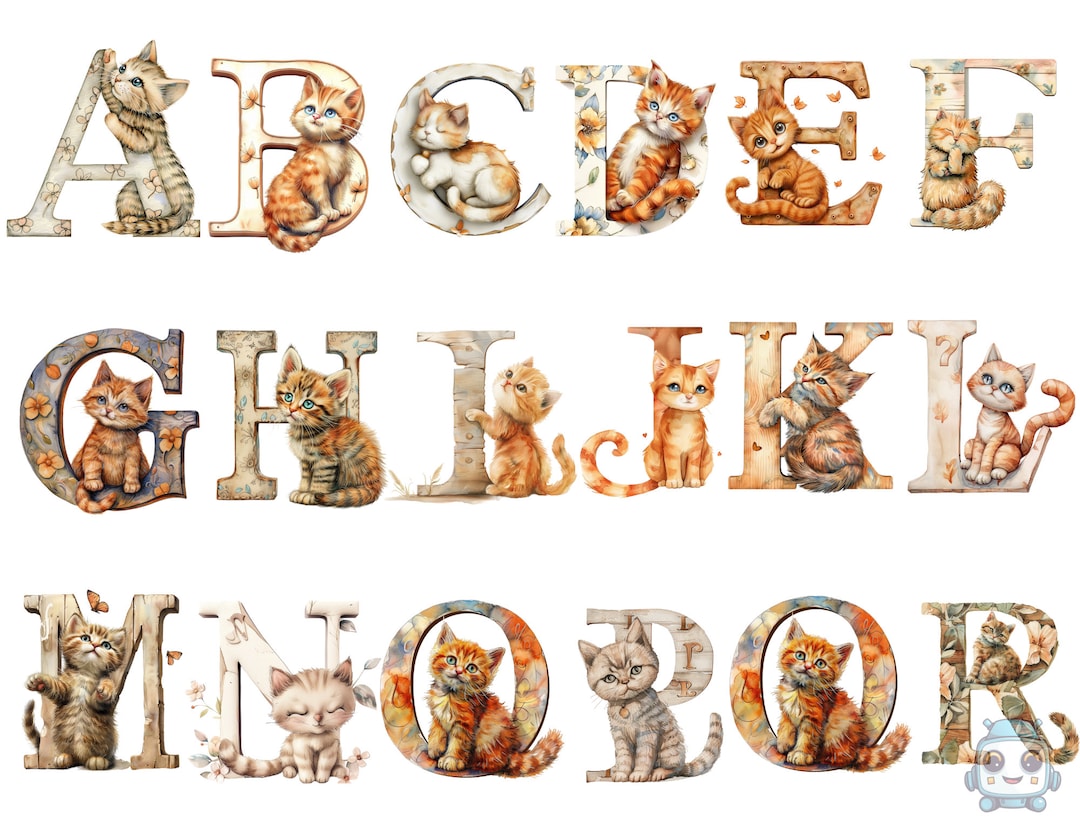 Watercolor Cat Alphabet Clipart, Cat Letters PNG Digital Files on Transparent Background ...