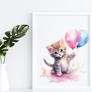 Cute Kittens With Balloon Watercolor Clipart, Baby Animals, PNG Digital ...