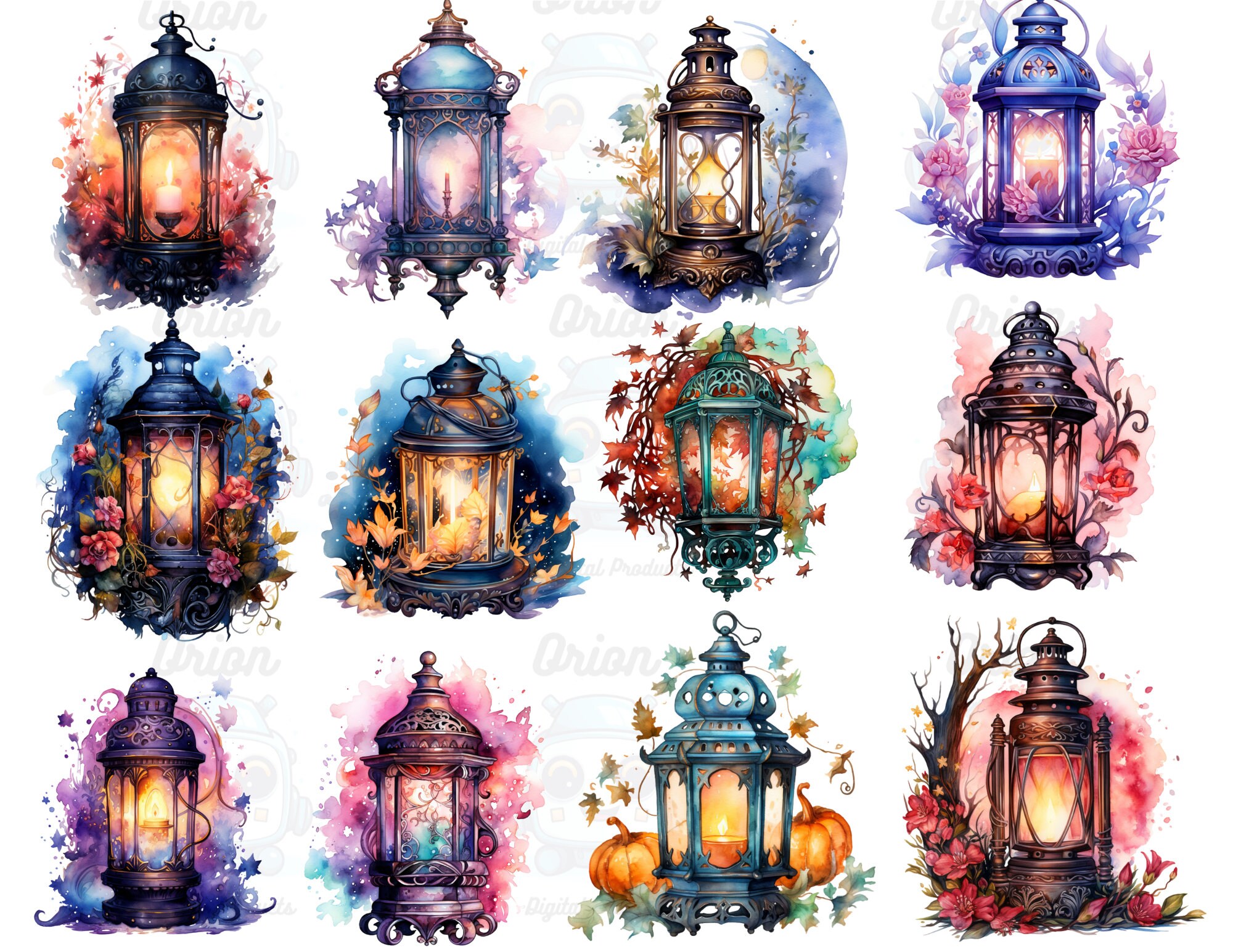 Watercolor Fantasy Lanterns Clipart PNG Digital Files on a - Etsy