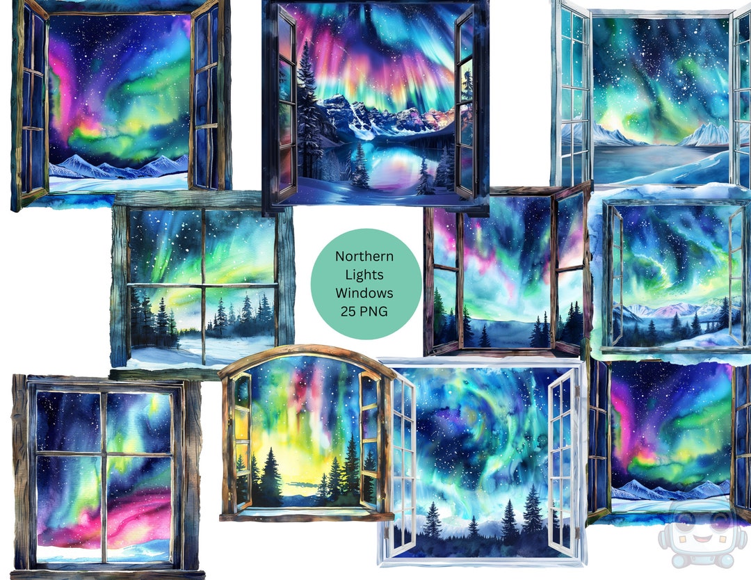 Watercolor Northern Lights Windows Clipart, PNG Individual Images on ...