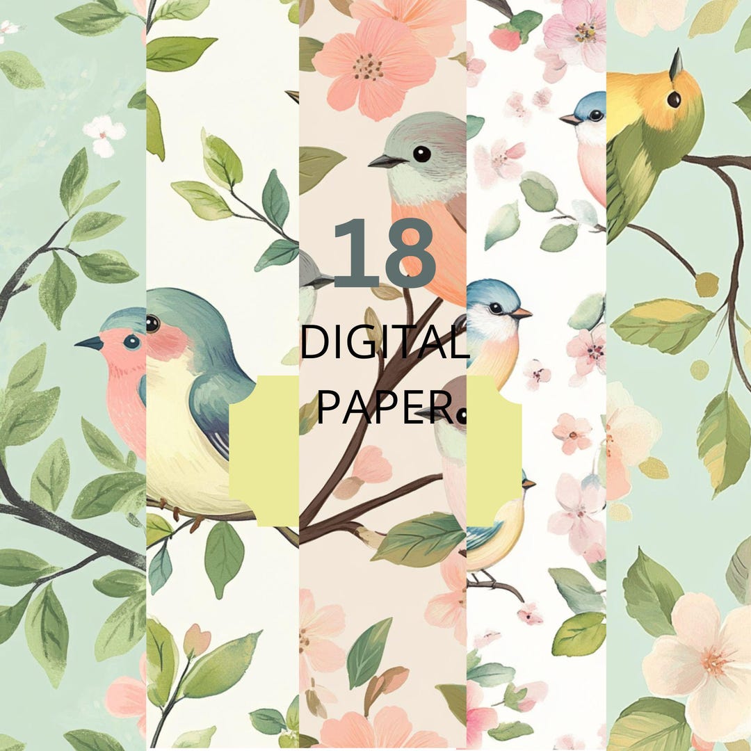 Bird Digital Paper – Spring Birds & Blossoms, Pastel Floral Backgrounds ...