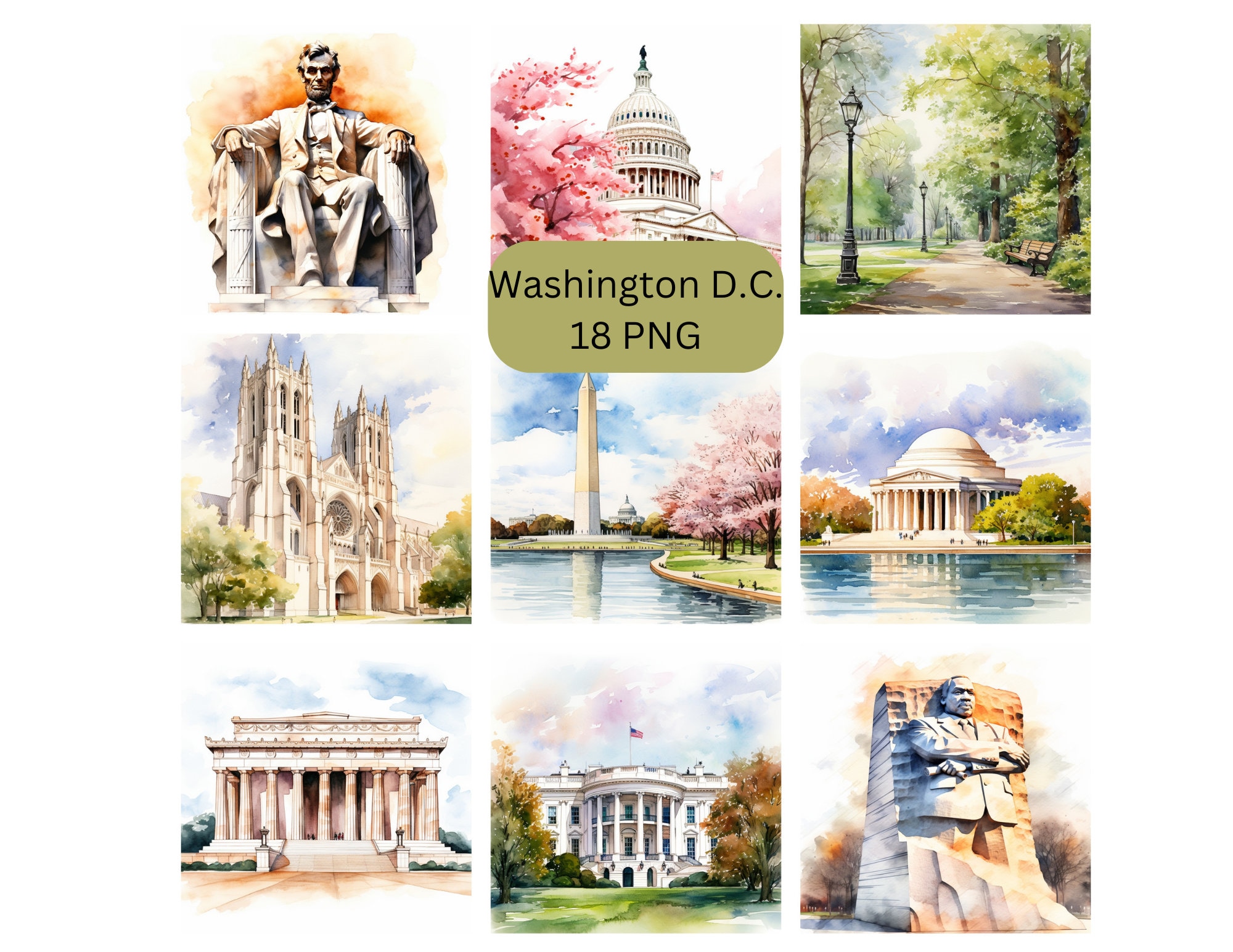 Watercolor Washington D.C. Clipart, PNG Digital Files on Transparent ...