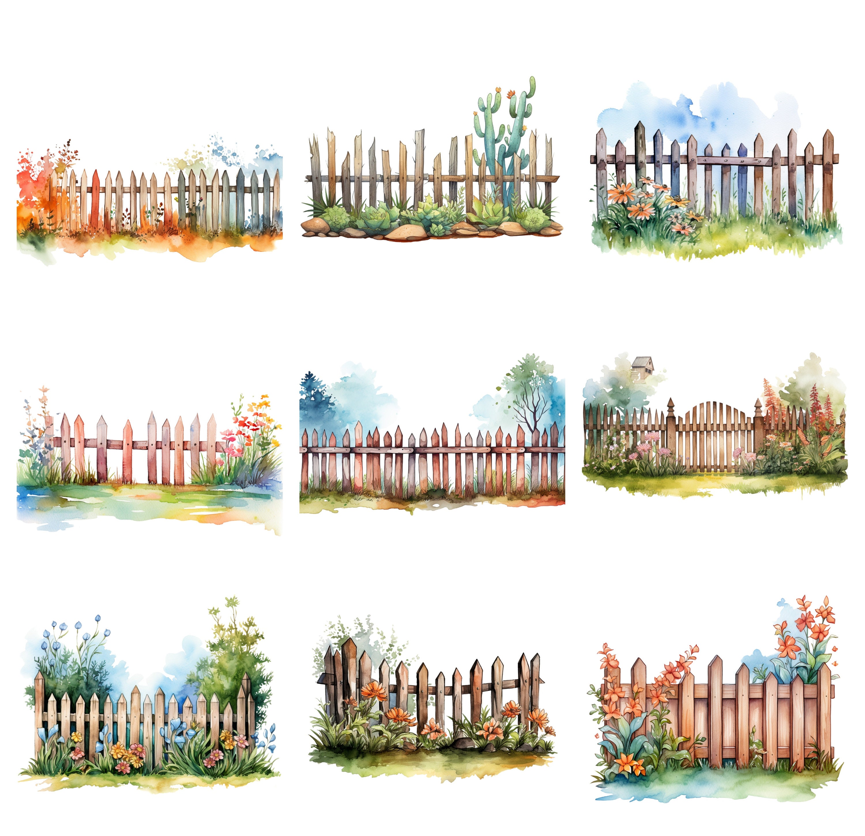 Watercolor Fence Borders Clipart, PNG Digital Files on Transparent ...