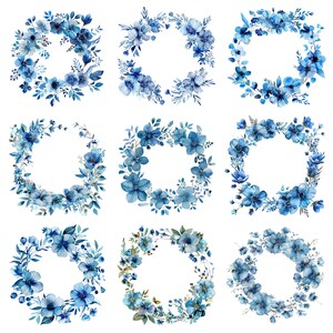 38 Blue Floral Wreaths Watercolor Clipart, Floral Clipart, PNG Digital ...