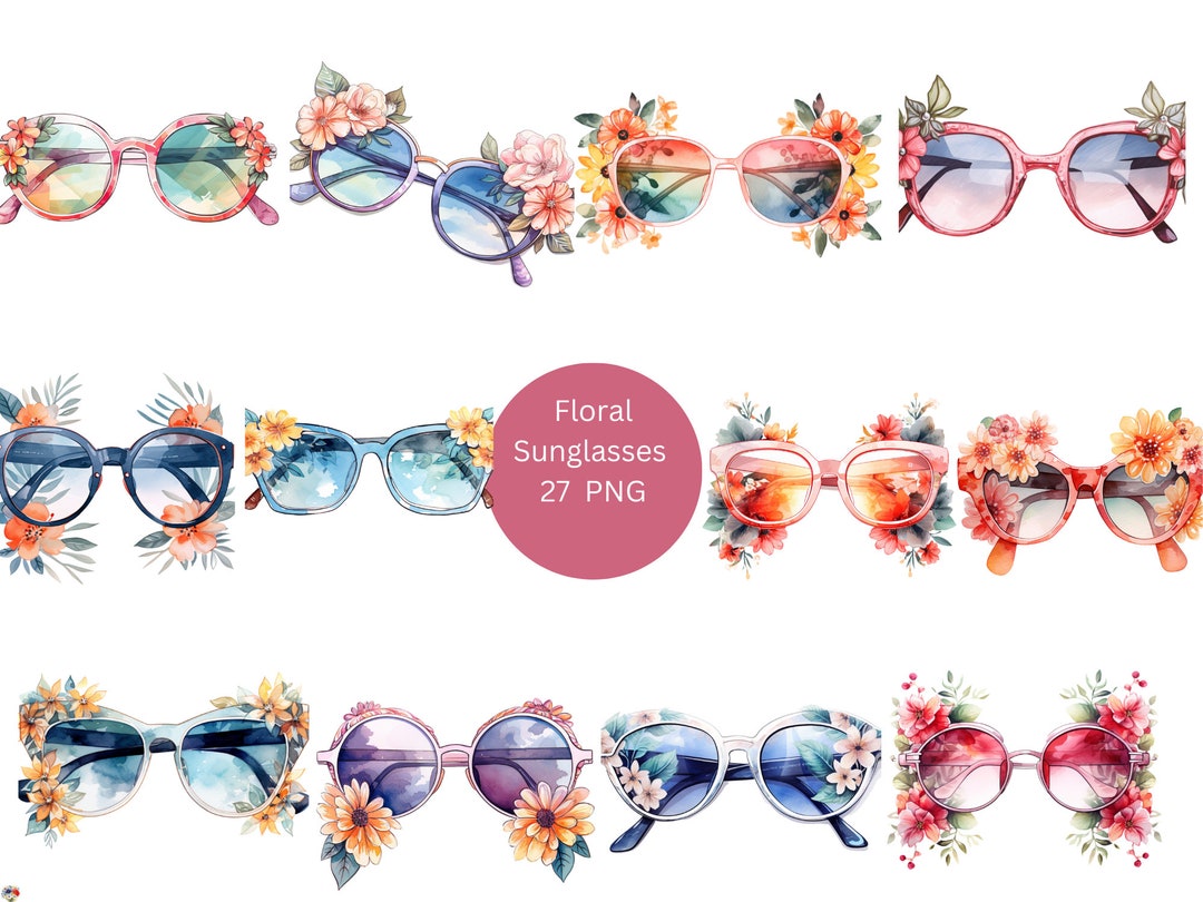 27 Floral Sunglasses Watercolor Clipart, Floral Clipart, PNG Individual ...