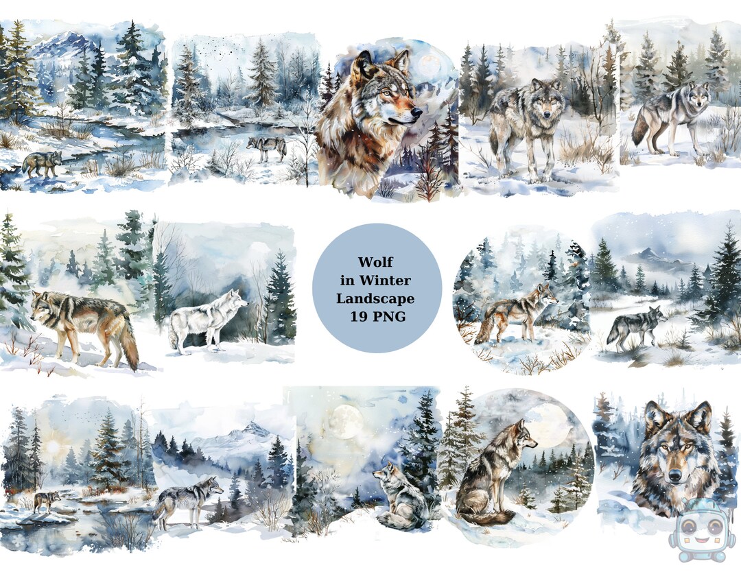 Watercolor Wolf in Winter Landscape Clipart, Winter Clipart, PNG ...
