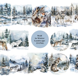 Watercolor Wolf in Winter Landscape Clipart, Winter Clipart, PNG ...