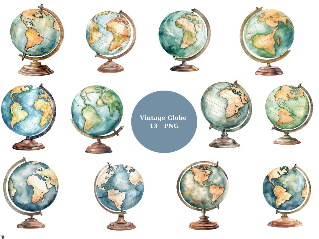 13 Vintage Globes Watercolor Clipart, Vintage Clipart, PNG Individual ...