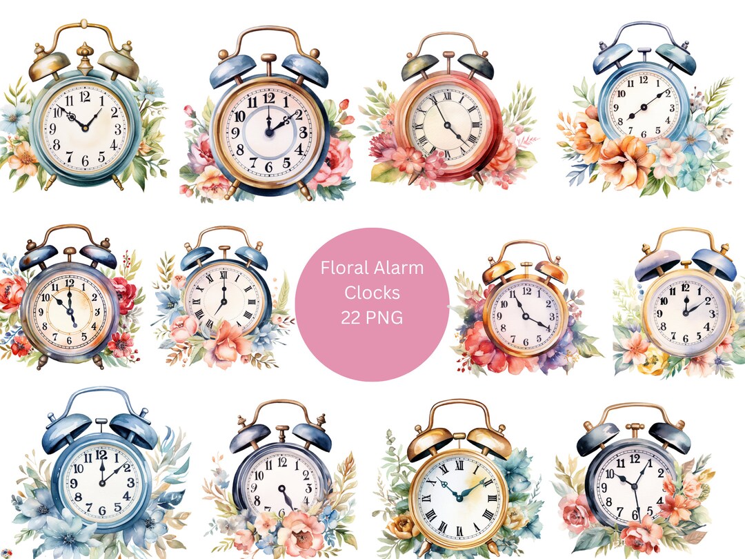 22 Floral Alarm Clocks Watercolor Clipart, Floral Clipart, PNG ...