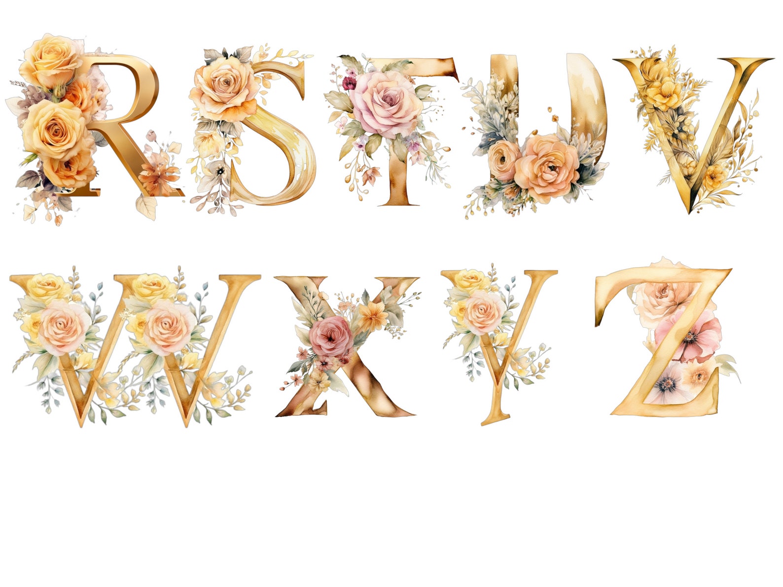 Floral Gold Alphabet Watercolor , Transparent Background, High Quality ...