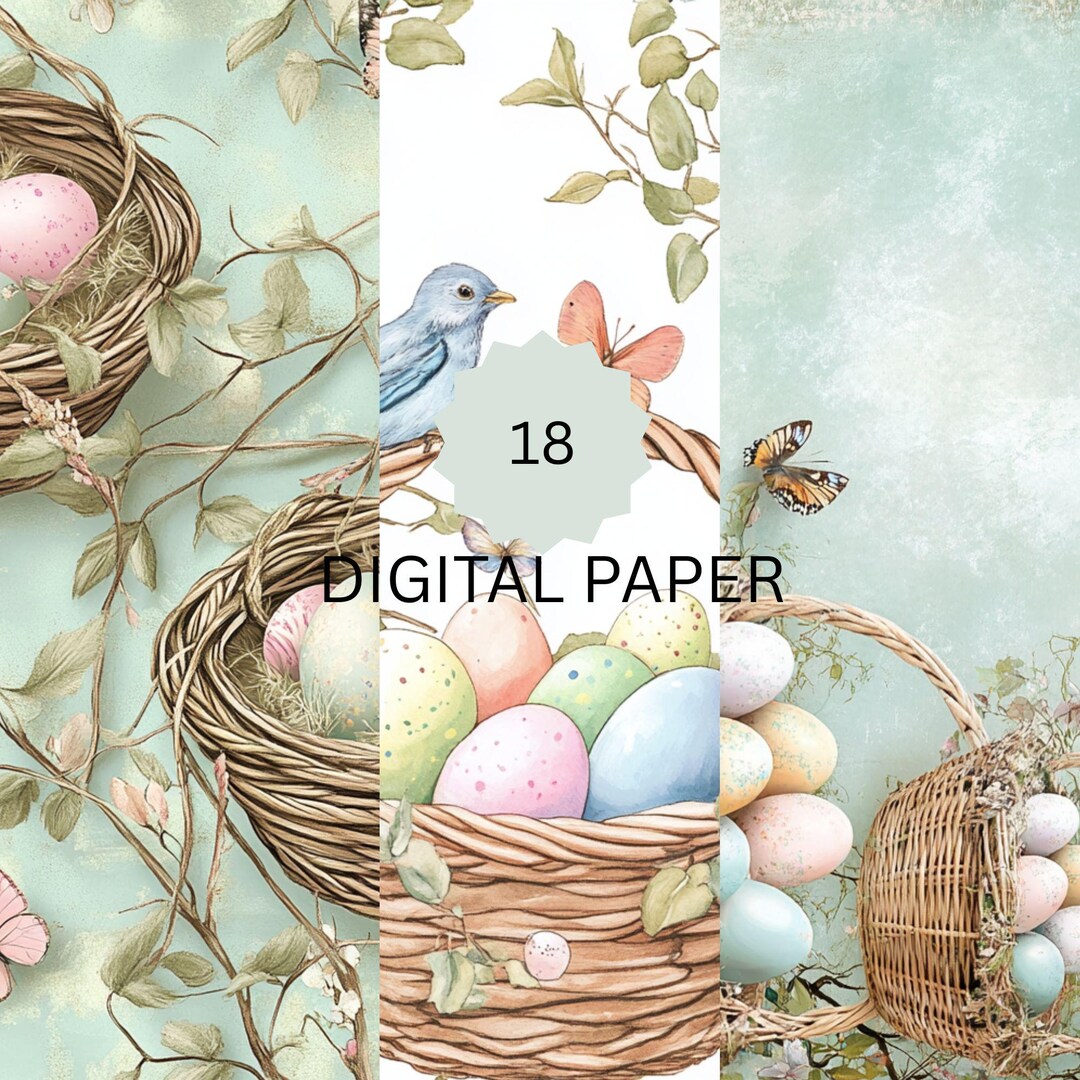 Easter Basket Digital Paper, Pastel Eggs and Spring Nature Backgrounds ...
